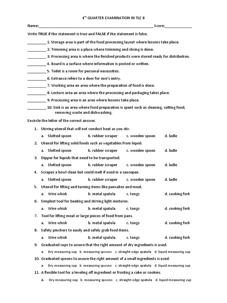 4th QUARTER EXAMINATION IN TLE 8 | PDF | Scissors | Blade