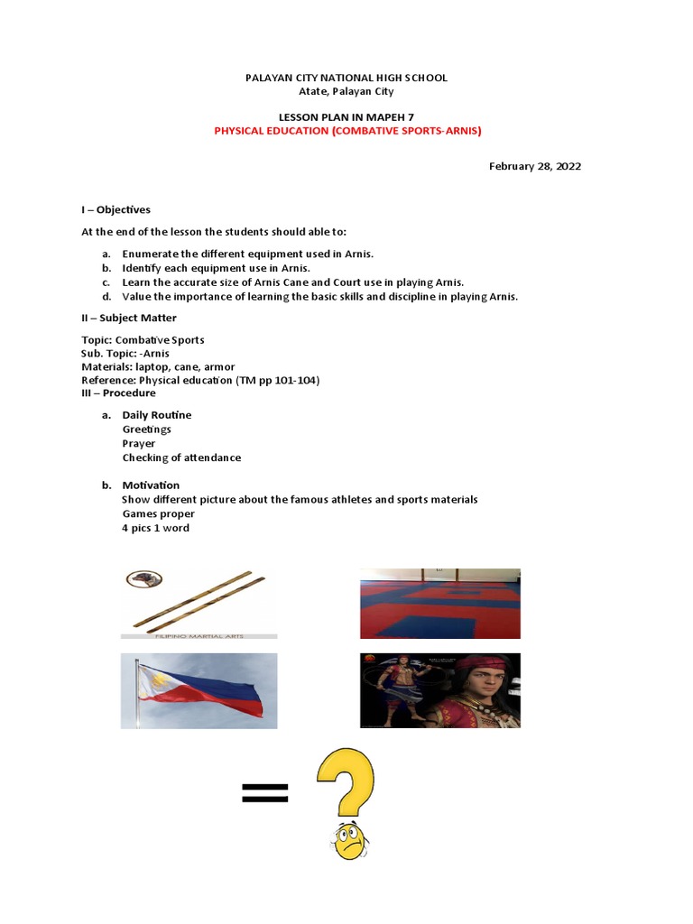 Arnis Lesson Plan for MAPEH 7 | PDF | Teachers | Lesson Plan