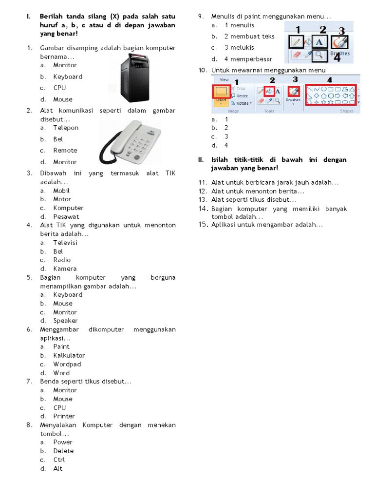 Soal Latihan TIK Kelas 1 SD | PDF