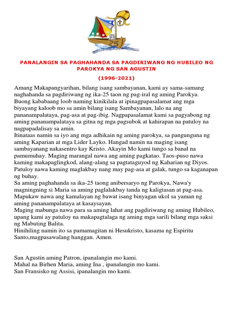 Panalangin Sa Paghahanda Sa Pagdiriwang NG Hubileo NG Parokya NG San ...