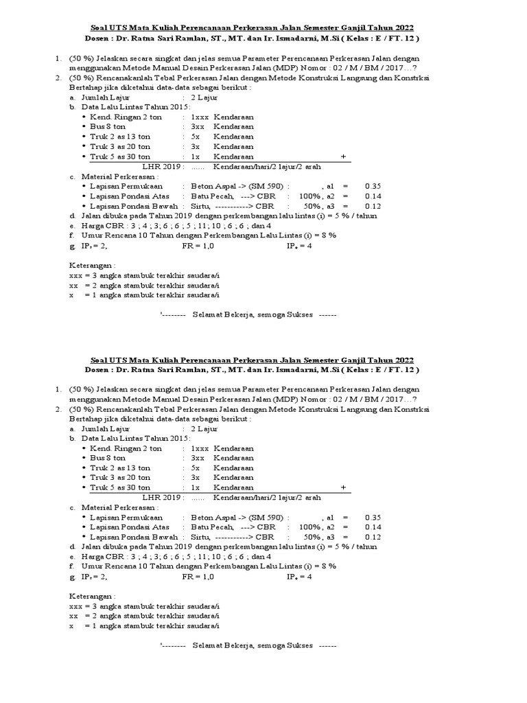 Soal UTS Perkerasan Jalan 2022 | PDF | Metode & Bahan Ajar | Sains & Matematika