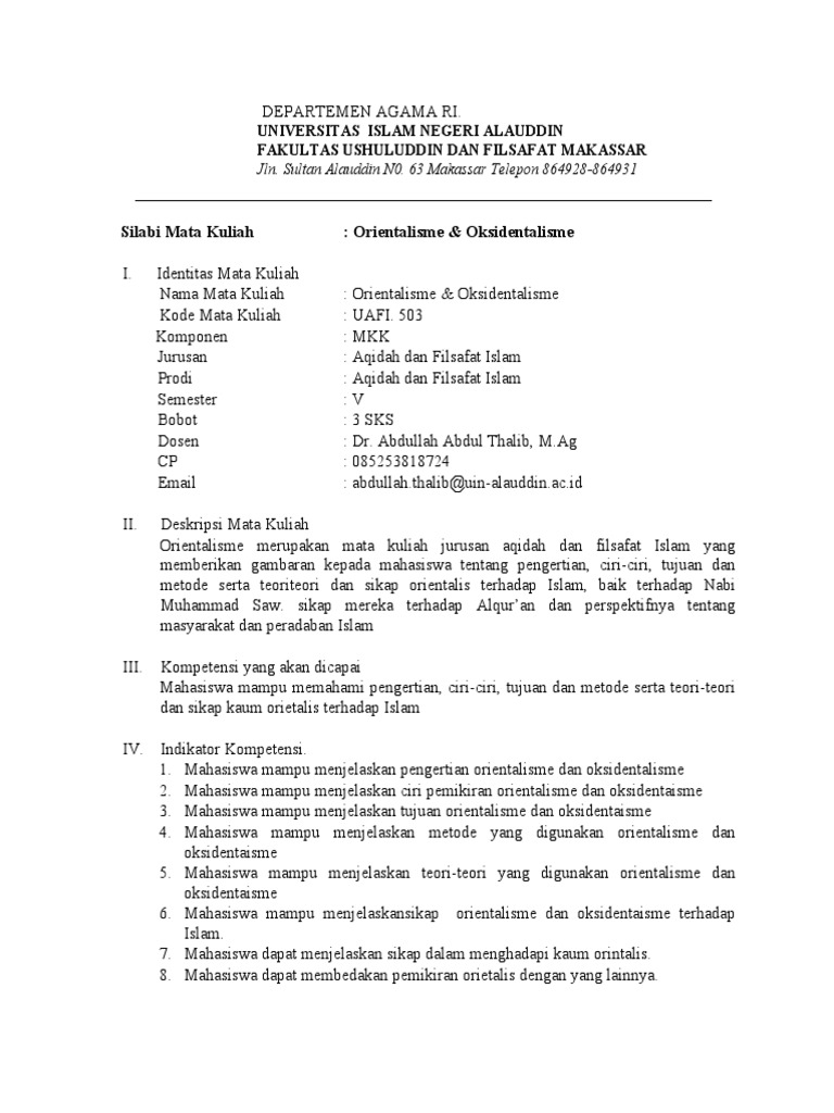 Silabi Mata Kuliah Orientalisme Dan Oksidentalisme 2021 | PDF Silabi Mata Kuliah Orientalisme Dan Oksidentalisme 2021 | PDF