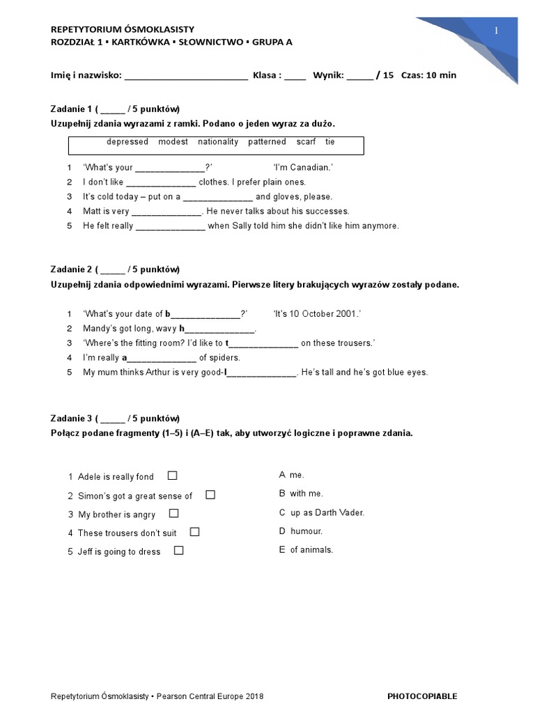 REP8 - Unit 1 - A - Short Test - Vocab | PDF REP8 - Unit 1 - A - Short Test - Vocab | PDF