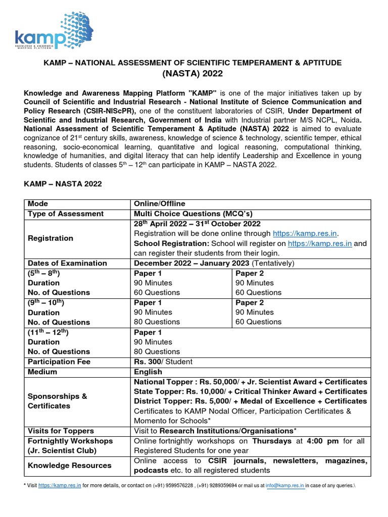 Overview of KAMP NASTA 1 Pager - KVS | PDF | Science | Cognitive Science