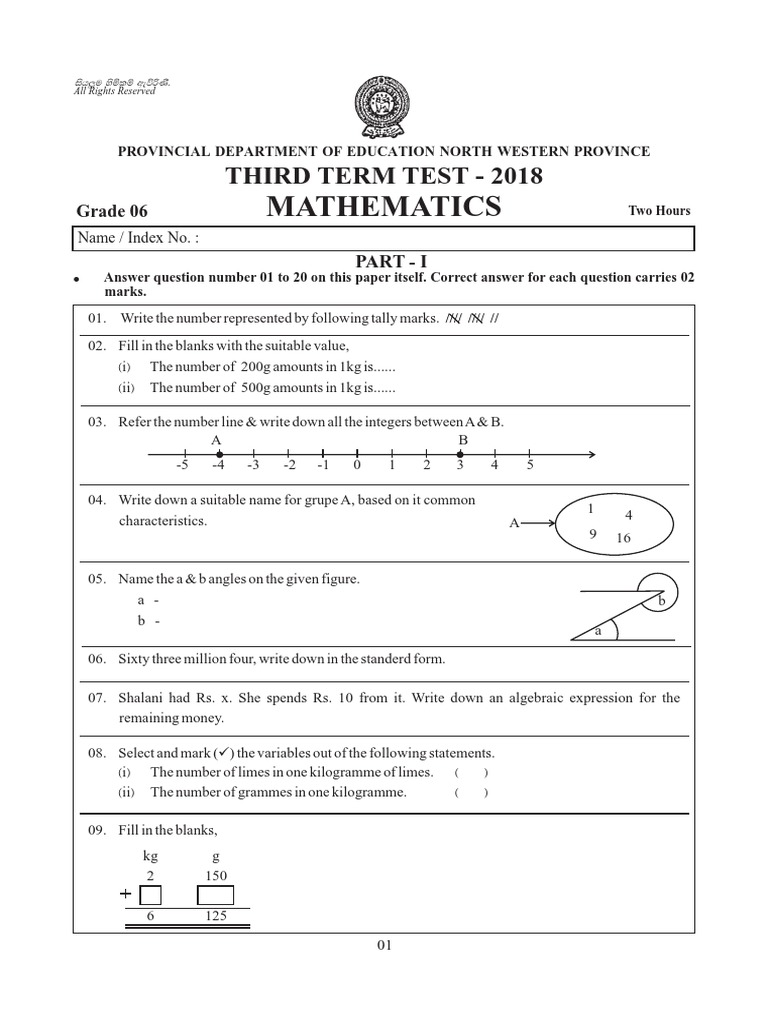 Grade 06 Mathematics 3rd Term Test Paper 2018 English Medium North ...