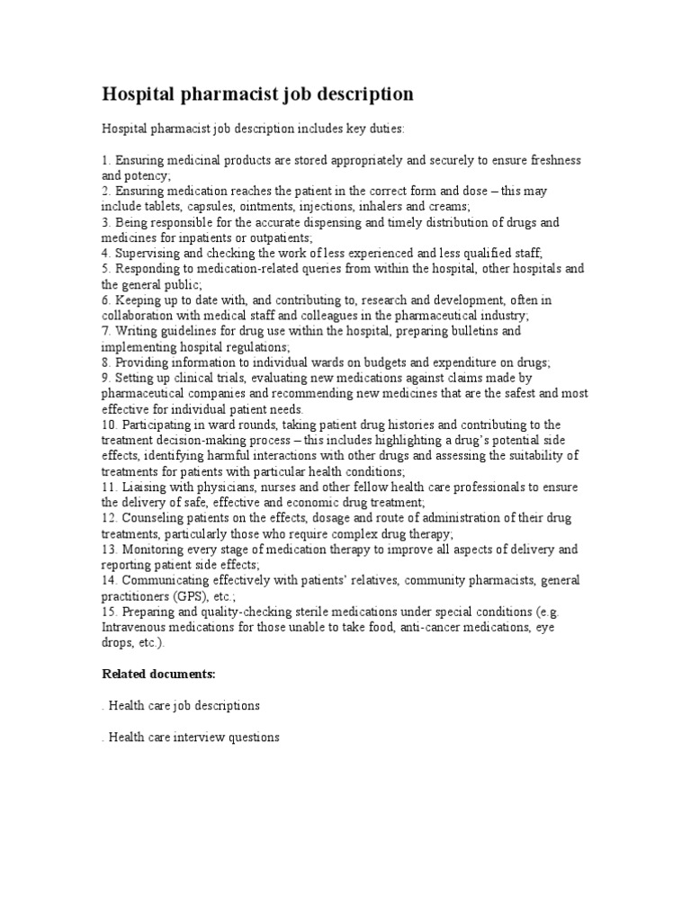 Hospital Pharmacist Job Description | Pharmacy | Pharmaceutical Drug ...