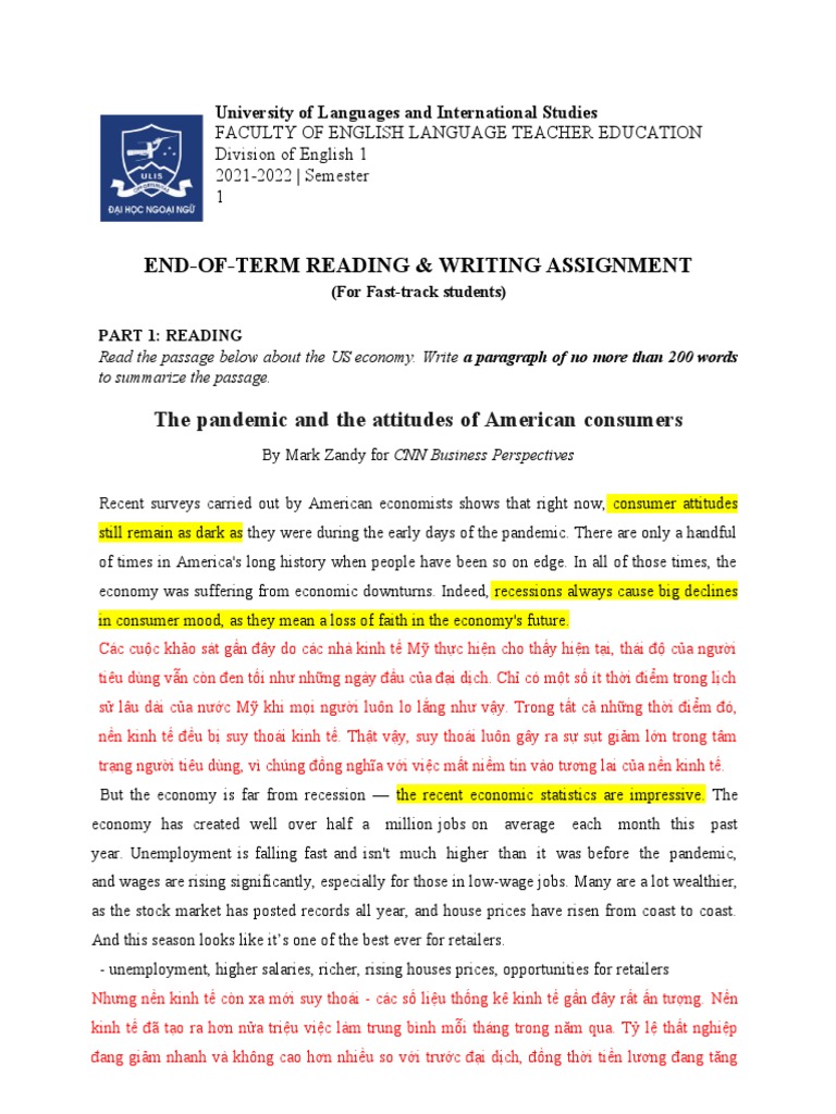 QH21 - 1B - CLC - EoT - Reading-Writing Assignment | PDF