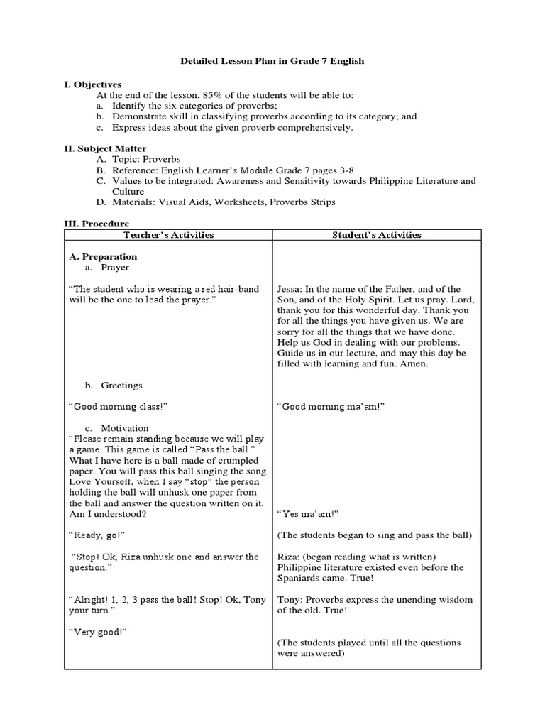Detailed Lesson Plan Grade 7 Phil Literature | PDF | Lesson Plan | Book ...