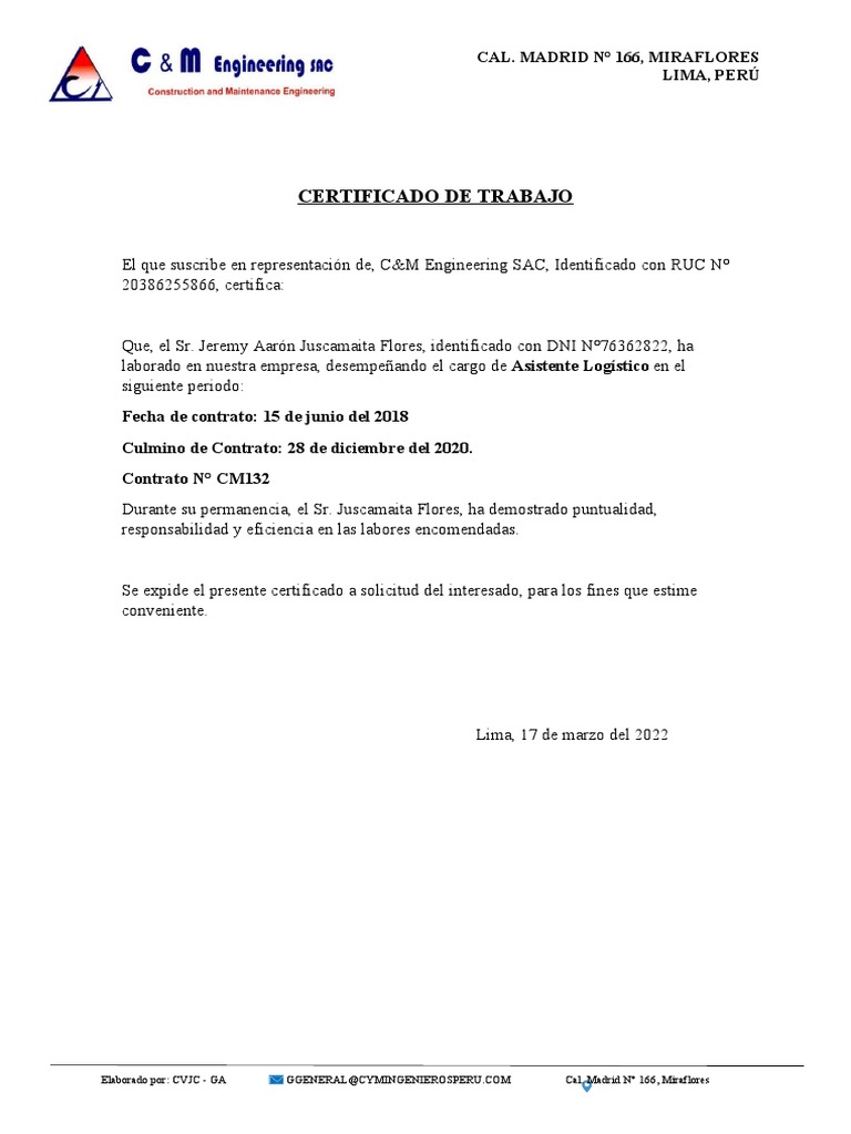 Certificado de Trabajo - C&M Engineering | PDF