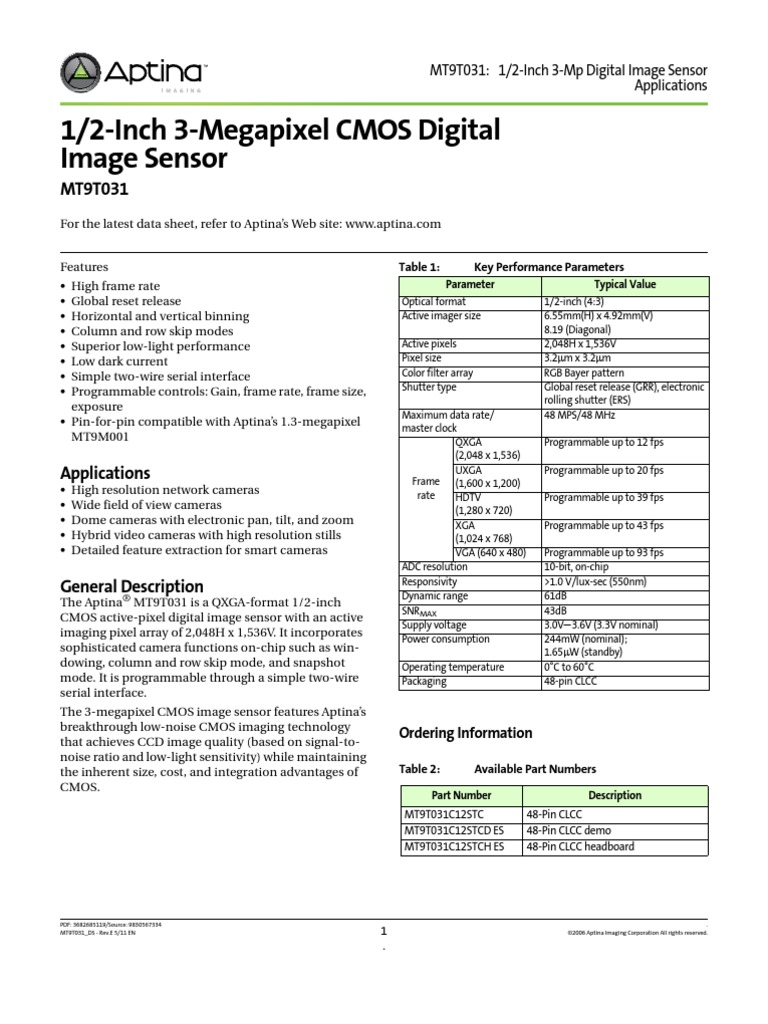 MT9T031 DS e | PDF | Pixel | Camera