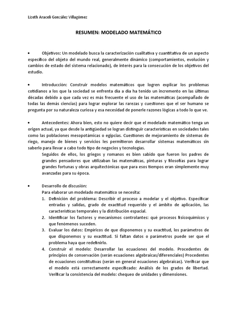 Resumen Modelado Matemático | PDF | Matemáticas | Ecuaciones