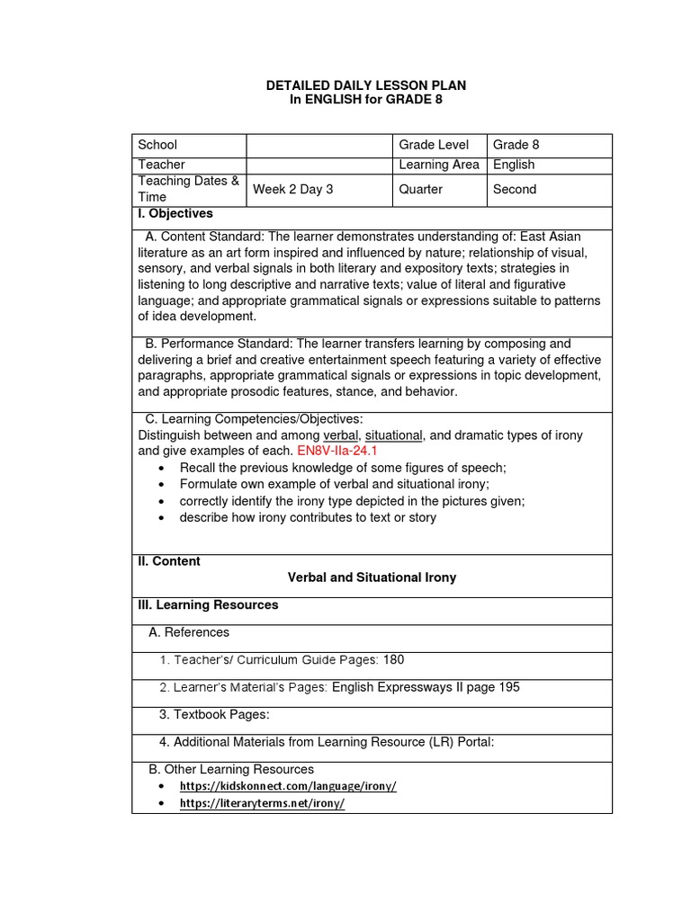 Detailed Lesson Plan Grade 8 Figures of Speech | PDF | Irony | Learning