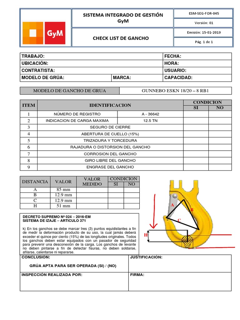 SGG MTTO GYM001 Check List Ganchos | PDF