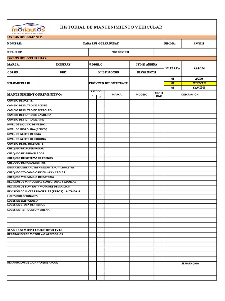 Historial de Mantenimiento Vehicular | PDF | Vehículos terrestres | Vehículos de ruedas