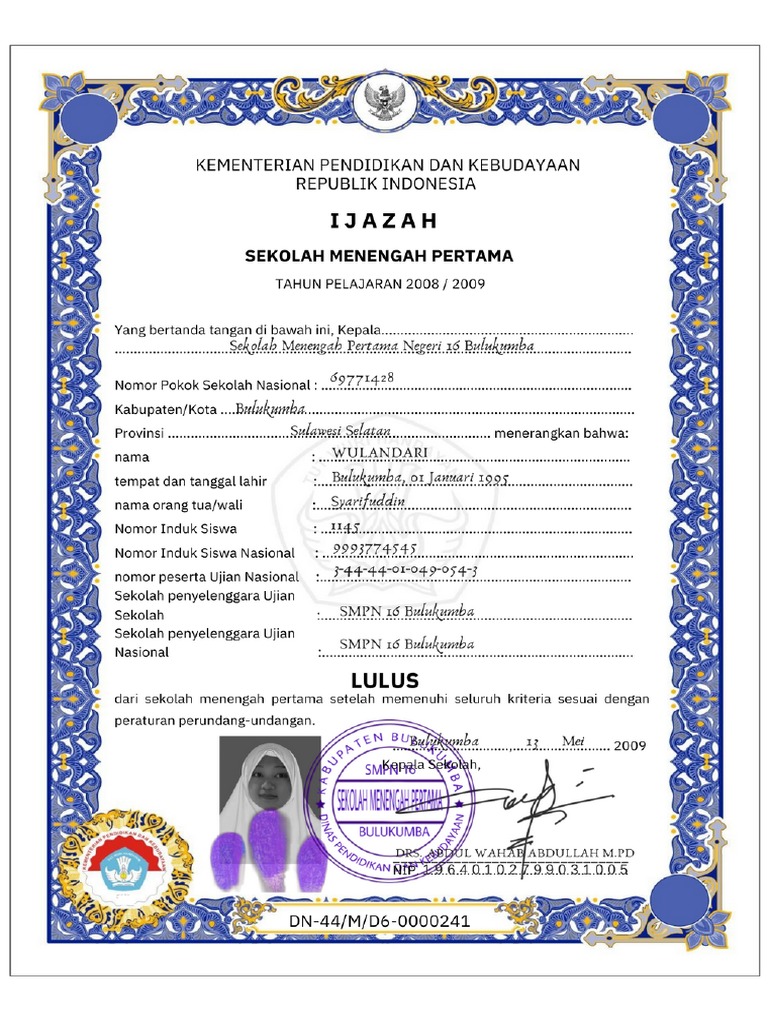 Ijazah SMP Wulan | PDF