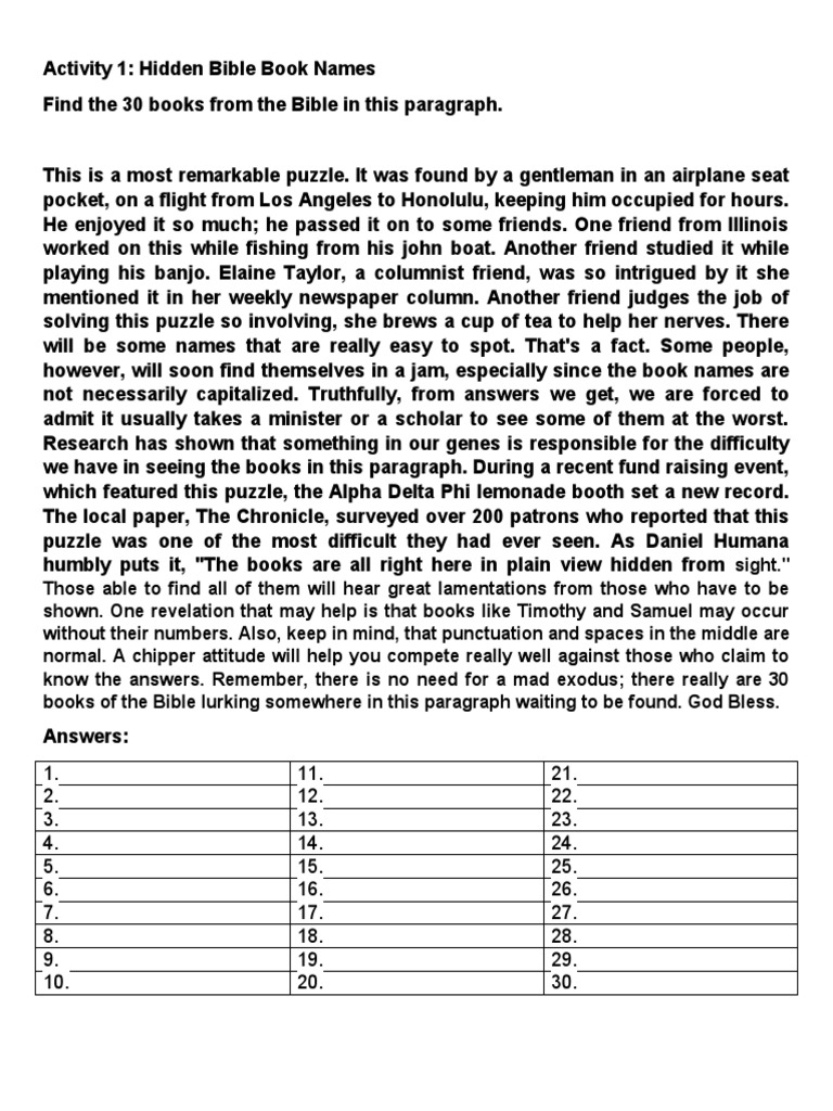 Hidden Bible Book Names Activity | PDF