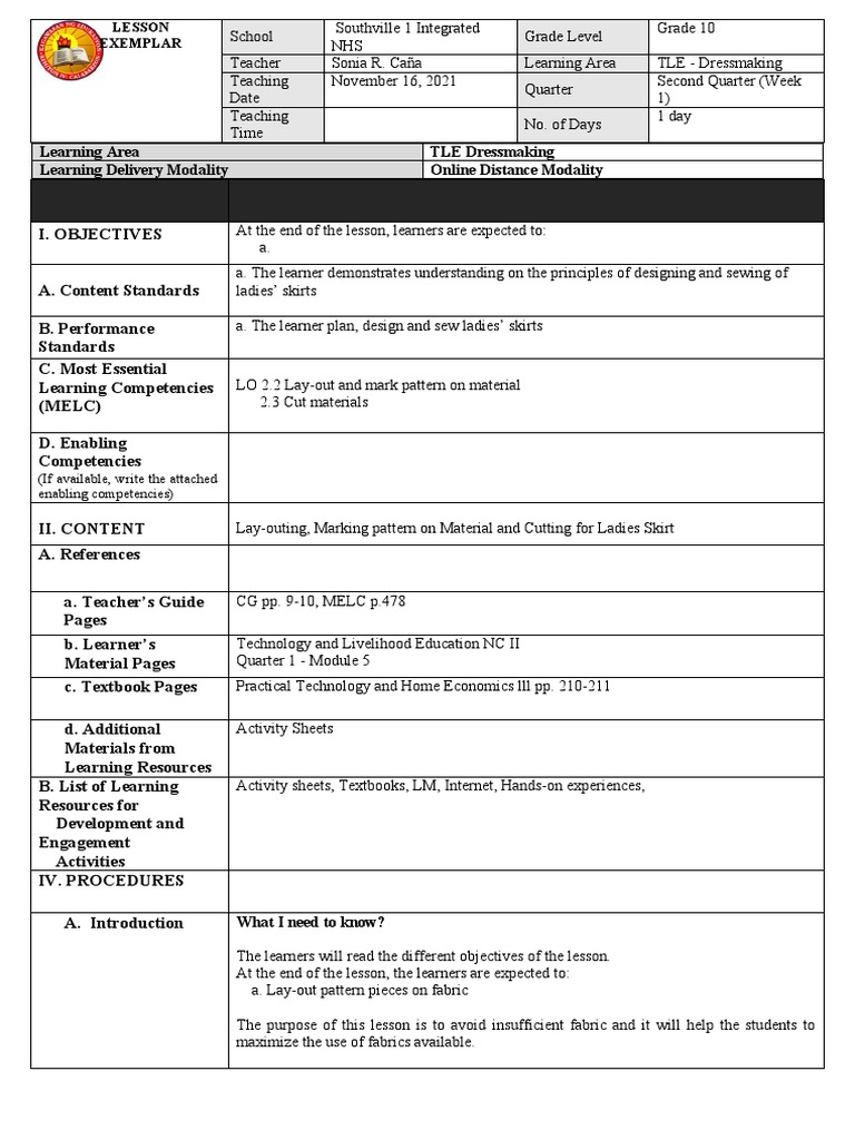 Dressmaking10 - Q1 - W1 - LE | PDF