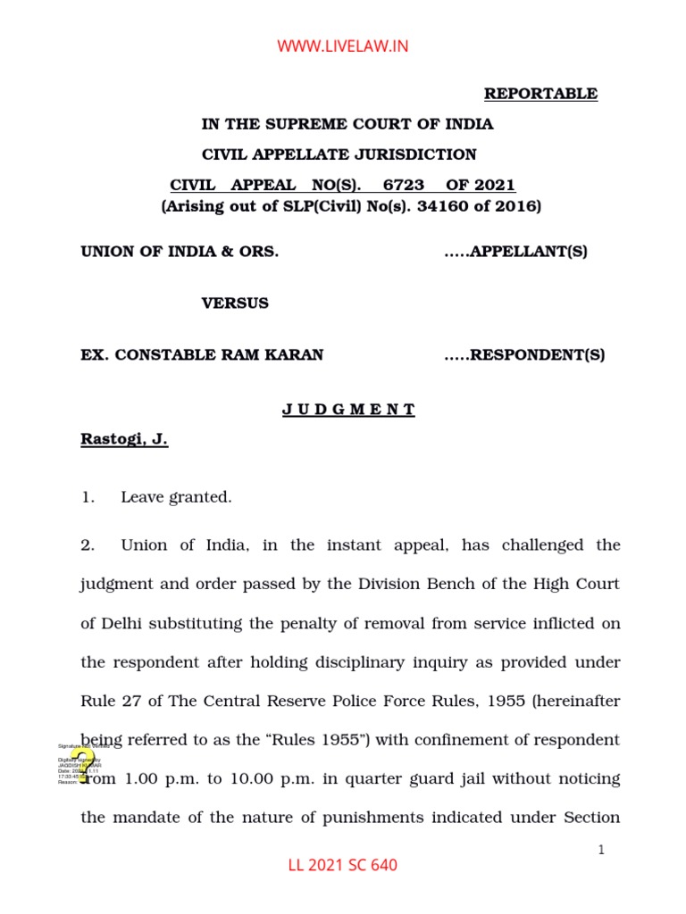 Union of India Vs Ex Constable Ram Karan LL 2021 SC 640 1 403881 | PDF | Judgment (Law) | Appeal