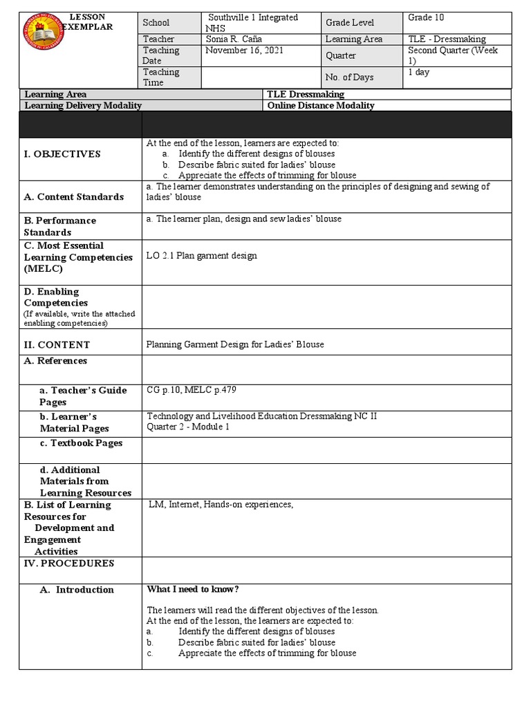 Dressmaking10 - Q2 - W1 - LE | PDF | Blouse | Seam (Sewing)