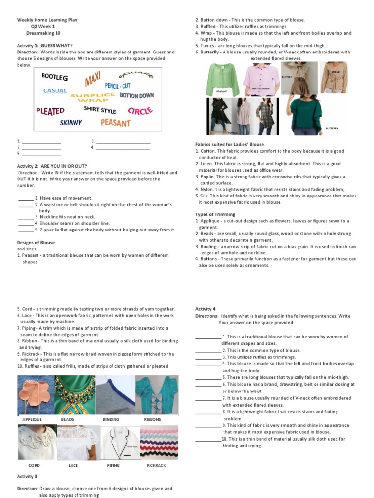 Dressmaking10 - Q2 - W1 DWHLP | PDF | Blouse | Seam (Sewing)