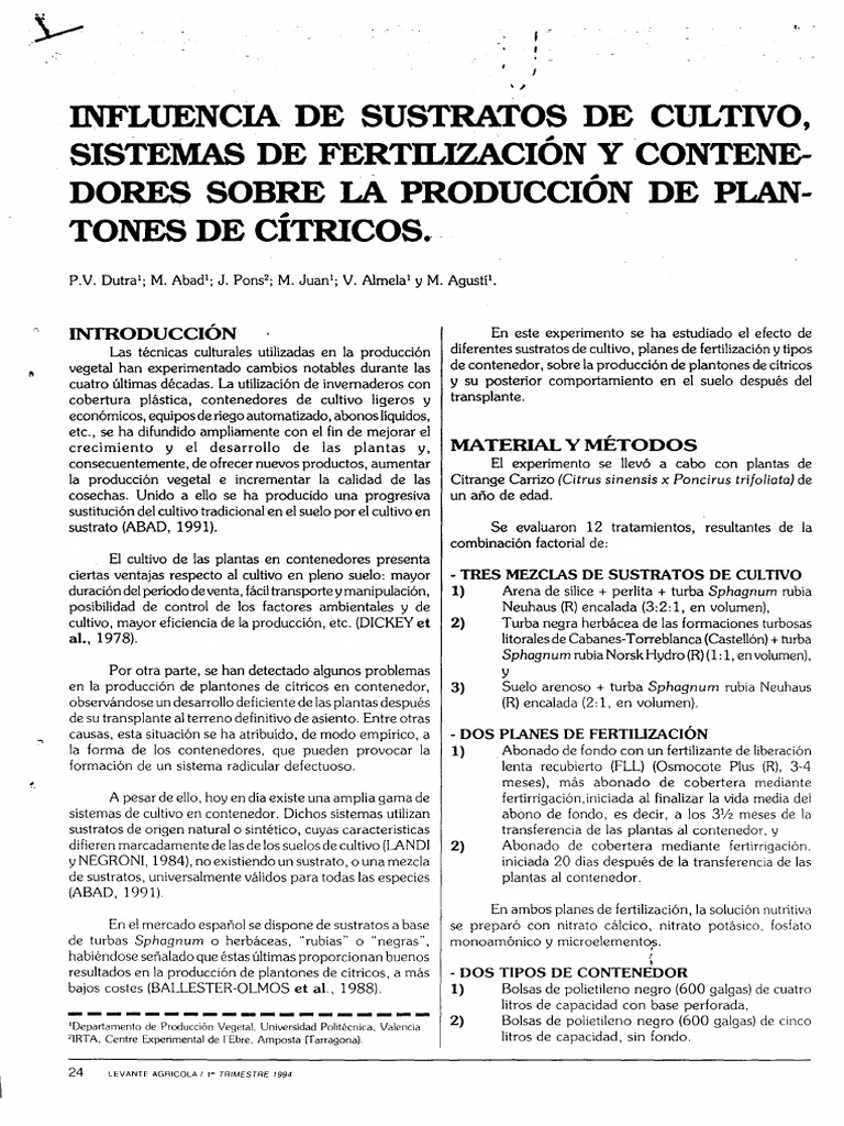 Influencia de Sustratos de Cultivo, Sistemas de Fertilización y Contenedores Sobre La Produccion ...