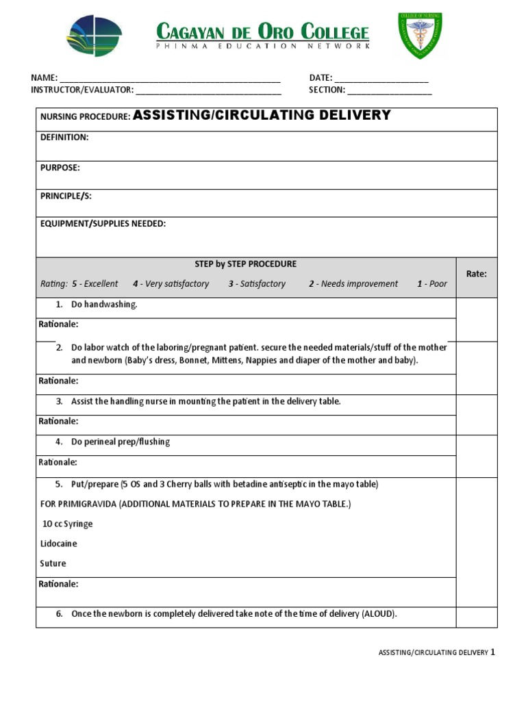 Checklist - Assisting - Circulating Delivery | PDF | Childbirth | Diaper