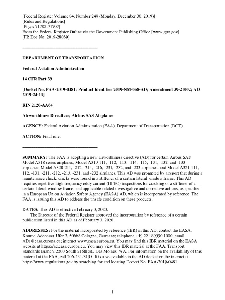 Faa Ad 2019-24-13 (Ali 53-11-05 - SB 53-1410) | PDF