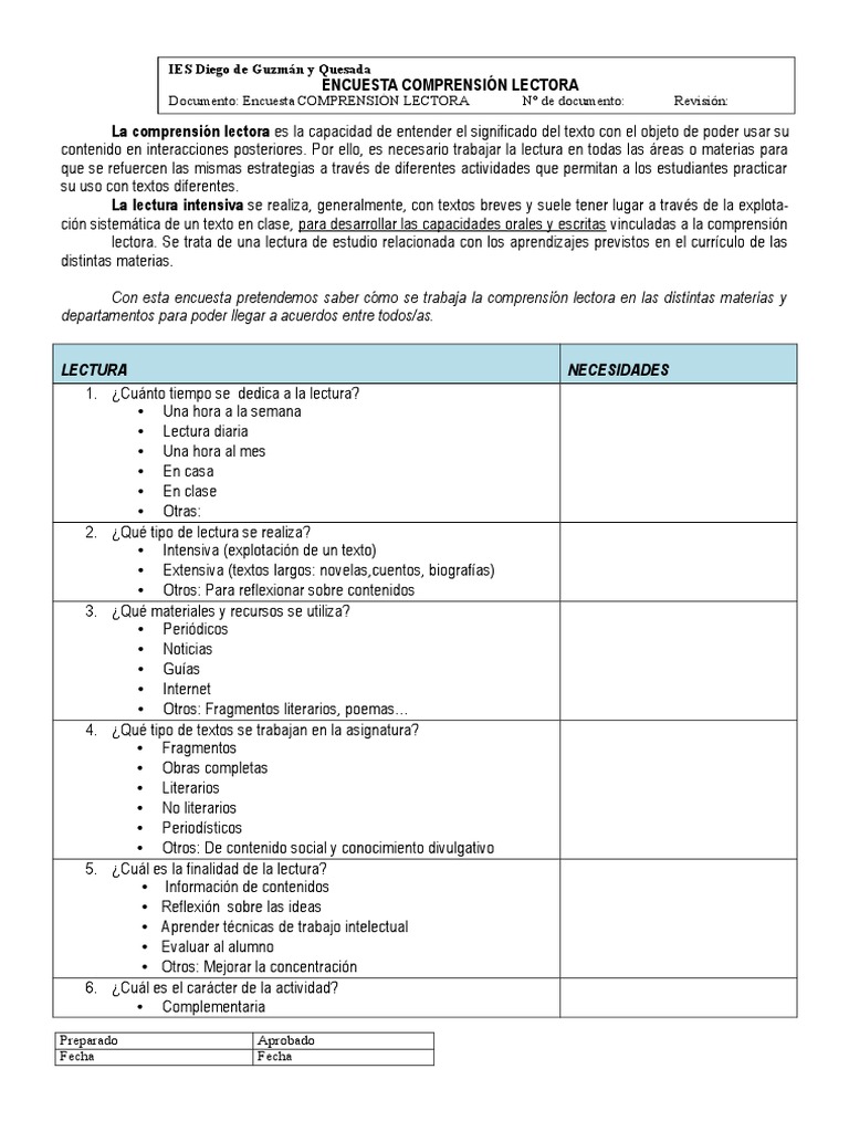 Encuesta sobre Comprensión Lectora | PDF | Comprensión lectora | Evaluación