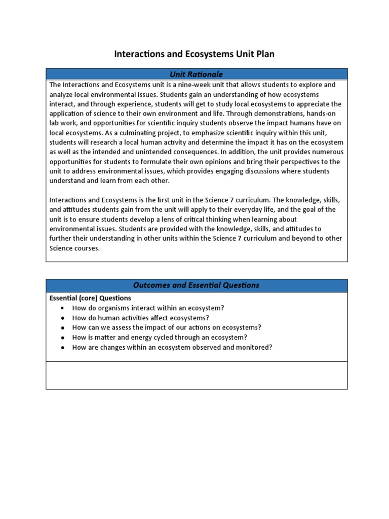 Unit Plan For Interactions And Ecosystems Pdf Ecosystem Natural