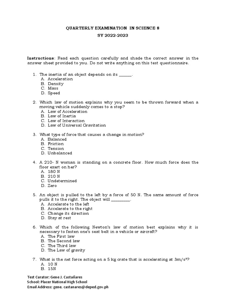 S8 1st Periodical Test Questionnaire | PDF | Force | Sound
