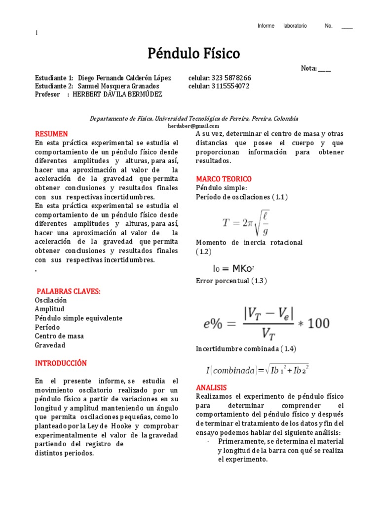 Informe Pendulo Fisico | PDF | Péndulo | Oscilación