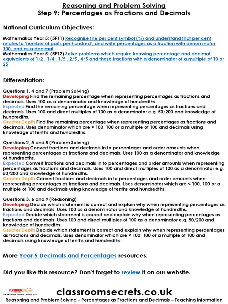 Year 5 Spring Block 3 Step 9 RPS Percentages As Fractions and Decimals ...