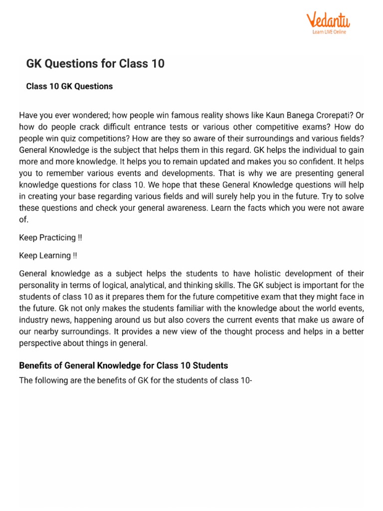 GK Questions For Class 10 | PDF