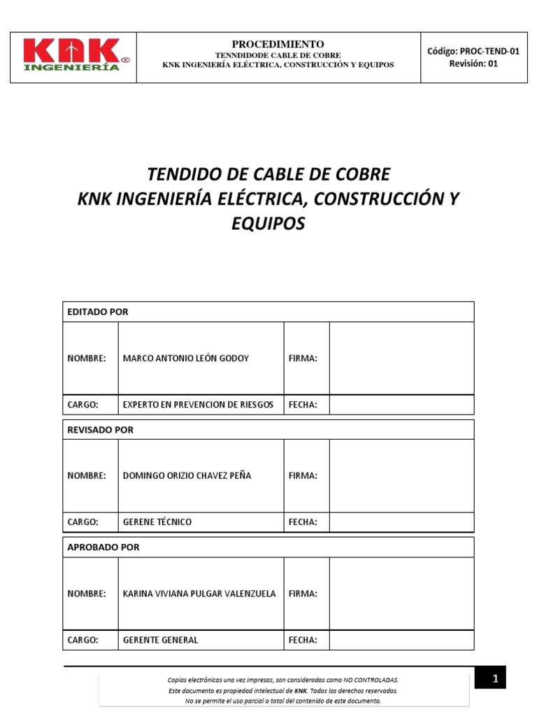PROC-TEND-01. Procedimiento Tendido de Cable de Cobre | PDF | Cobre ...
