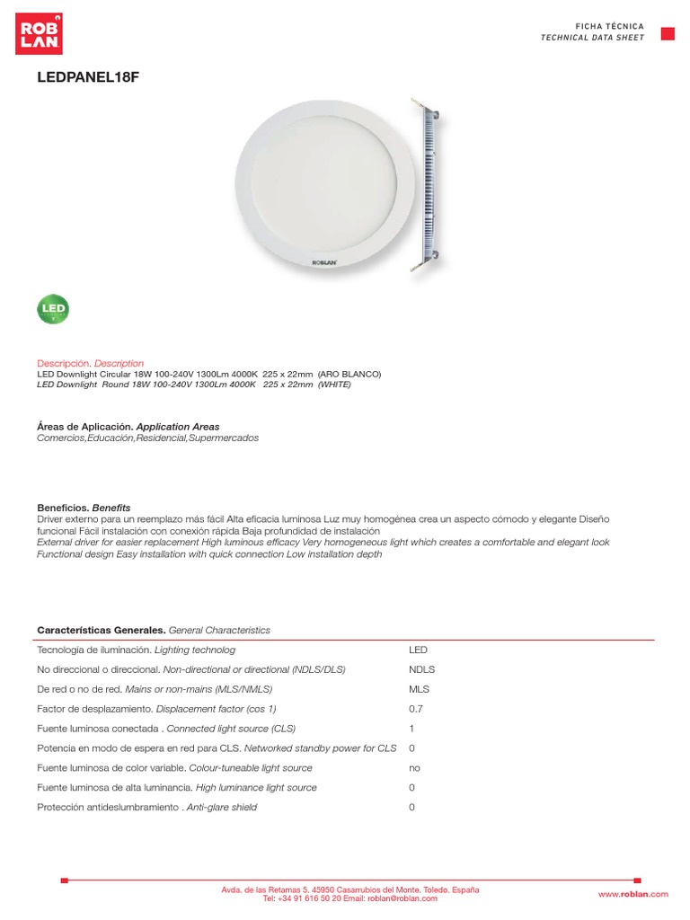LEDPANEL18F-ROBLAN TDS Es en | PDF | Diodo emisor de luz | Cantidad