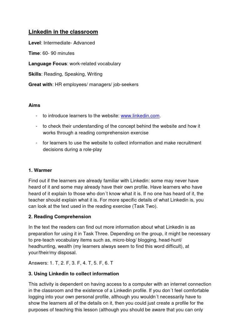 Linkedin Lesson Plan | PDF | Linked In | Recruitment