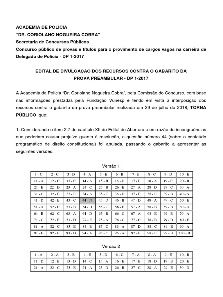 Vunesp 2018 PC SP Delegado de Policia Gabarito | PDF Vunesp 2018 PC SP Delegado de Policia Gabarito | PDF