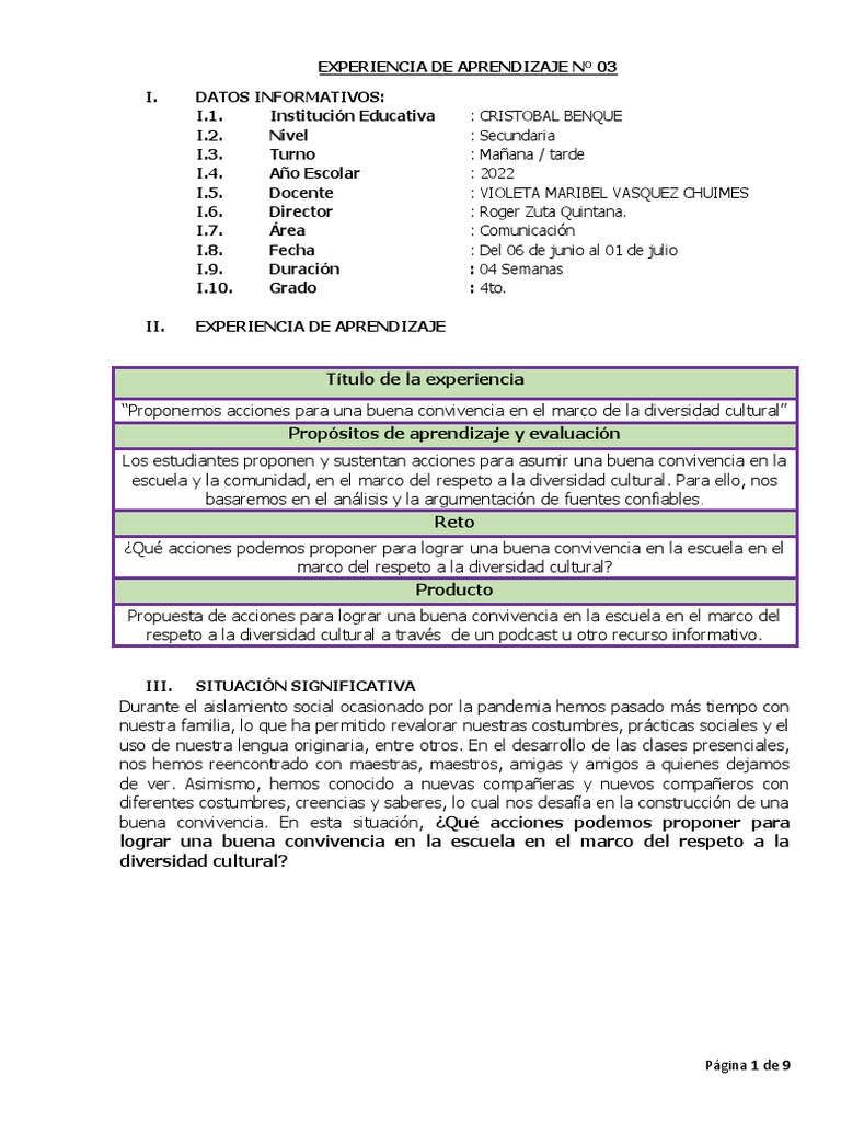 (4to) TERCERA EXPERIENCIA DE APRENDIZAJE | PDF | Aprendizaje | Experiencia