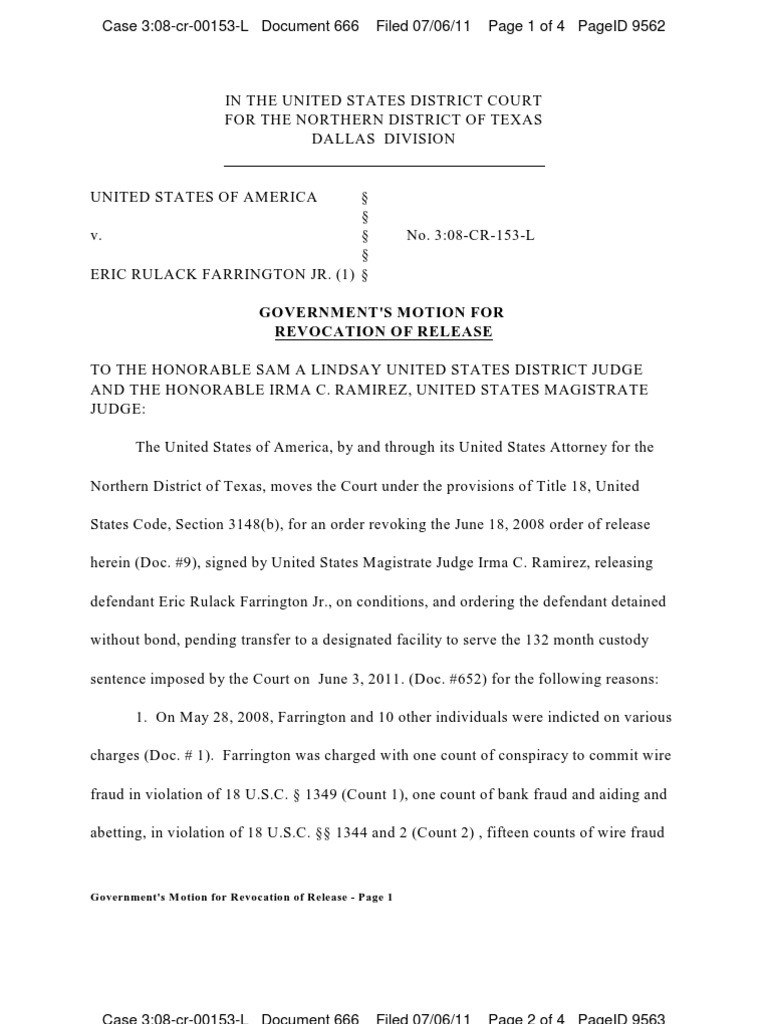 Eric Farrington Government Motion To Revoke Supervised Release | PDF ...