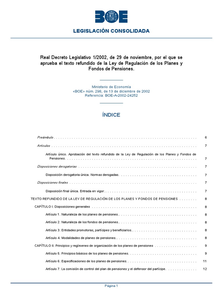 Ley de Regulación de Los Planes y Fondos de Pensiones BOE-A-2002-24252-consolidado | PDF | Fondo ...