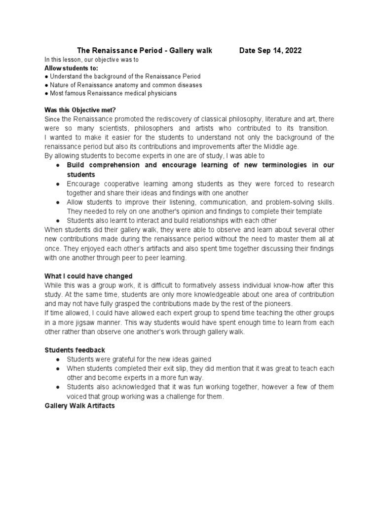 Renaissance Period Gallery Walk Insights | PDF | Learning | Education ...