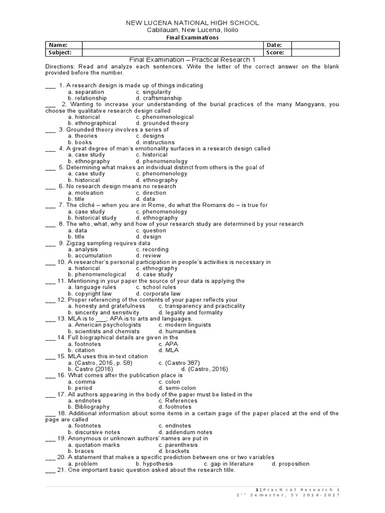 Practical Research 1 Exam Guide | PDF | Hypothesis | Ethnography