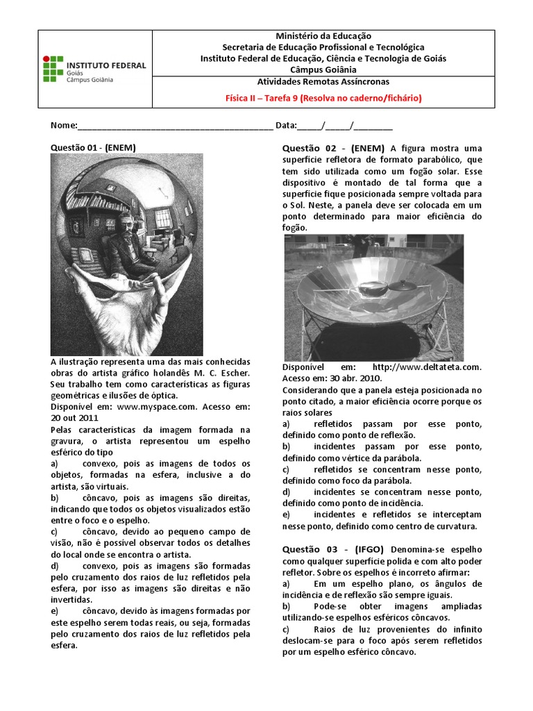 Tarefa 9 - Espelhos Esféricos | PDF | Espelho | Ótica
