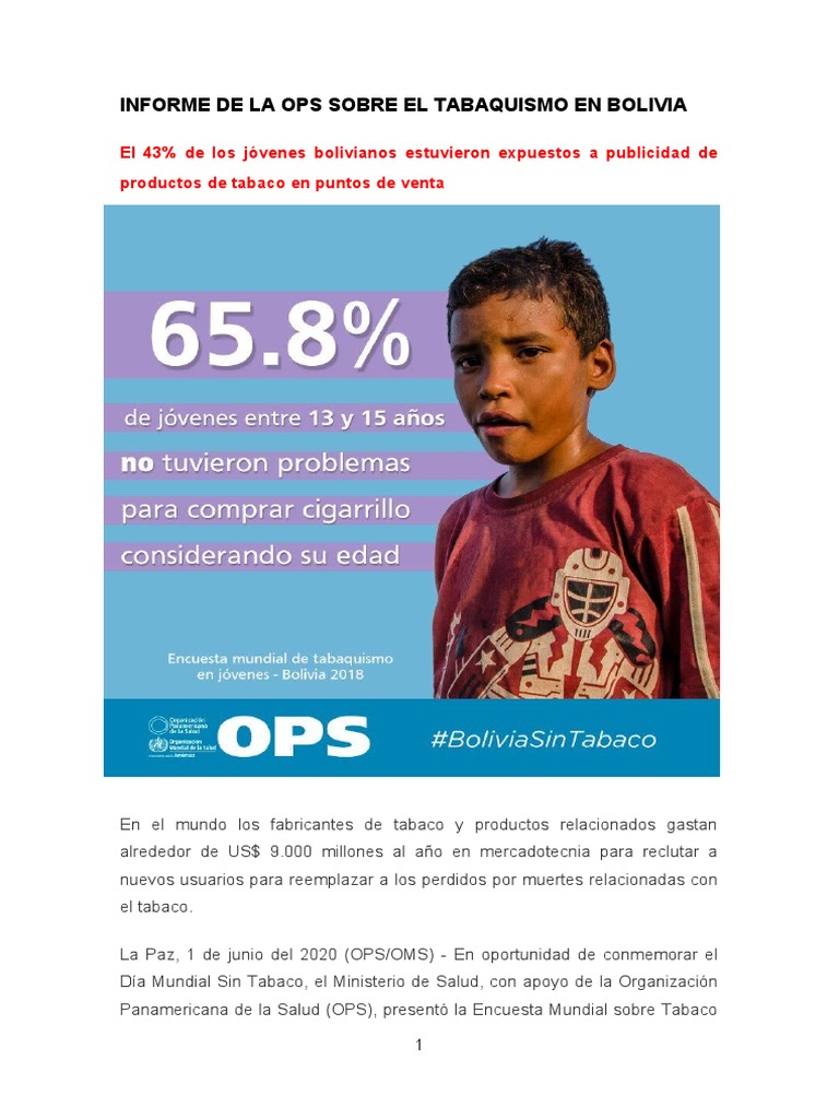 Tabaquismo en Bolivia: Informe OPS 2020 | PDF | Nicotina | Tabaco
