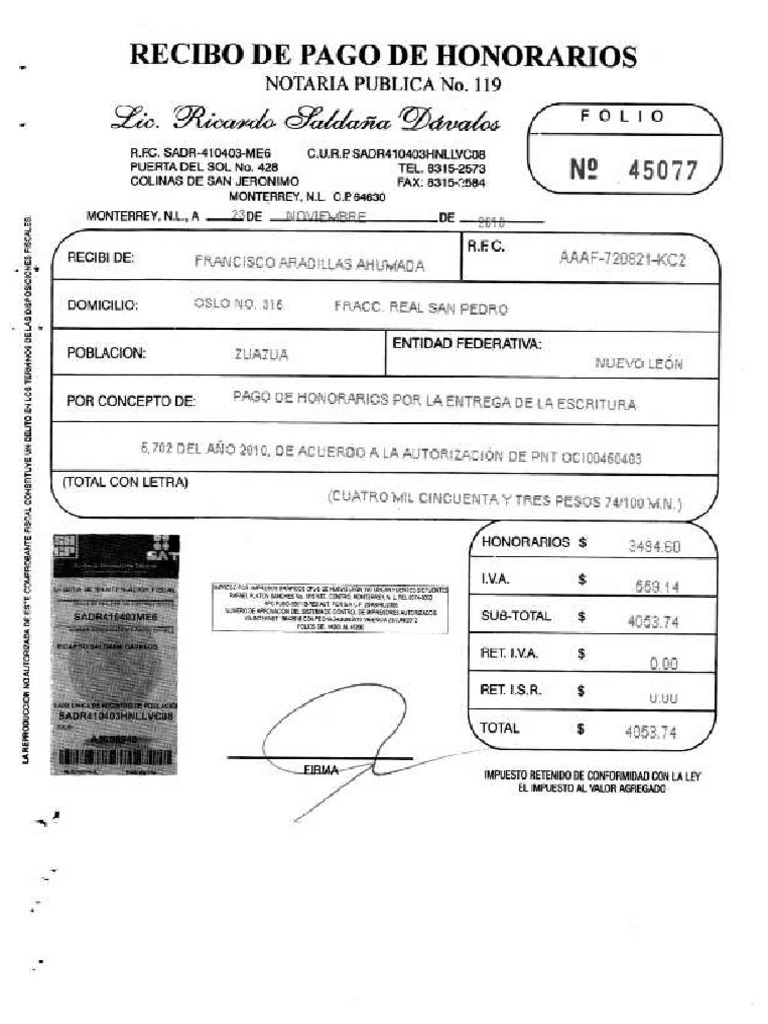 Recibo de Pago de Honorarios Notaria Publica No. 119 | PDF | Economía ...
