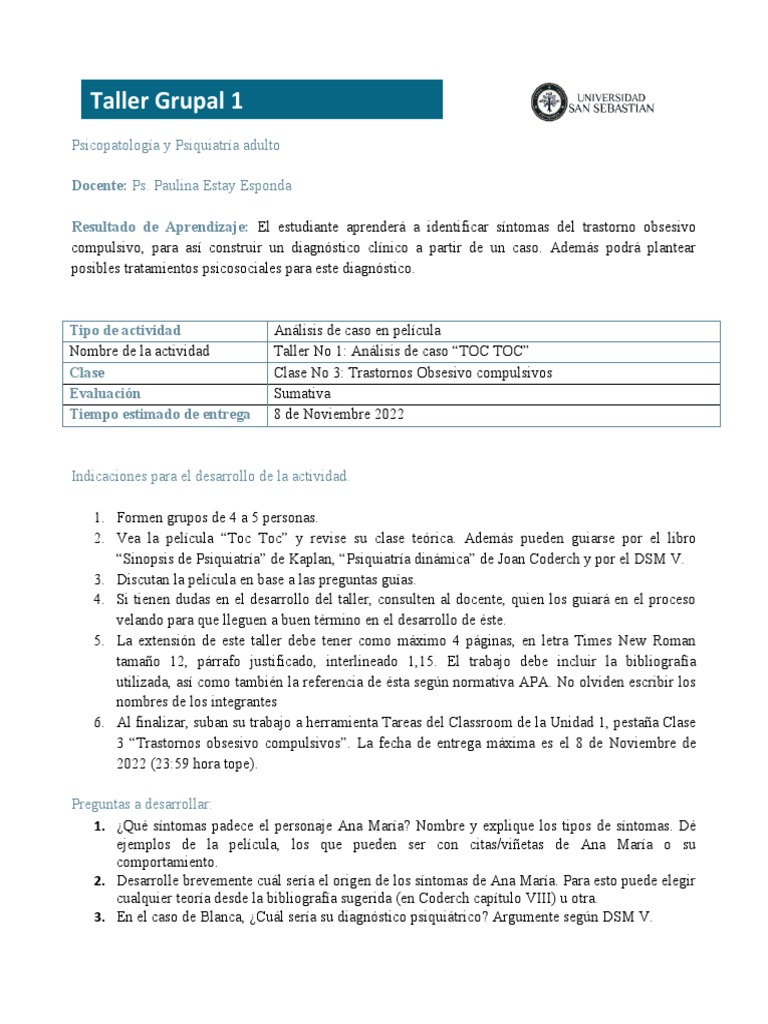 Taller Grupal 1 TOC TOC | PDF | Desorden obsesivo compulsivo | Manual Diagnóstico y Estadístico ...