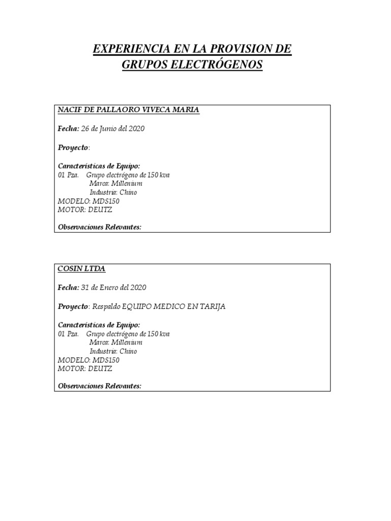Experiencia en La Provision de Generadores 2020 | PDF | Bolivia