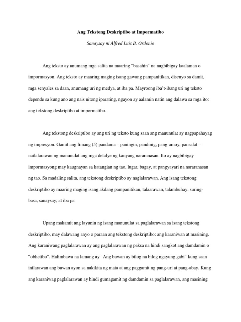 Ang Tekstong Deskriptibo at Impormatibo | PDF
