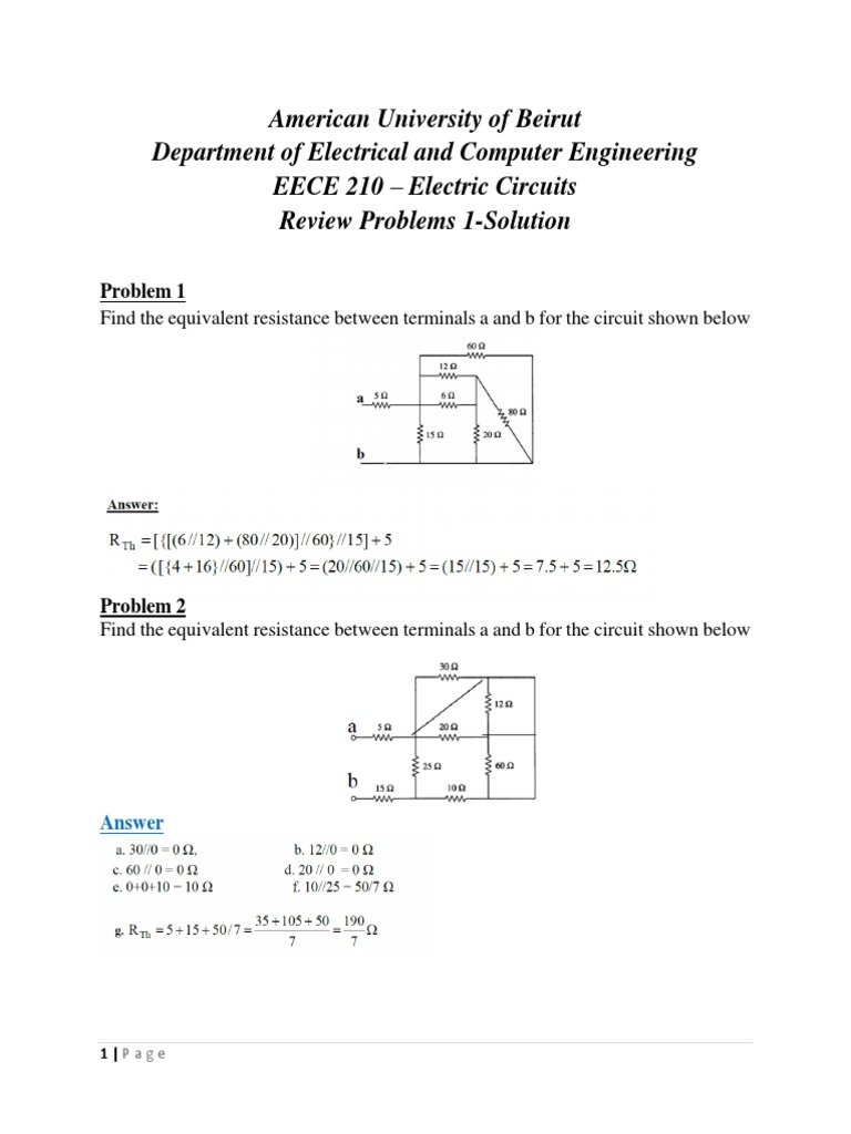 Solutions to Review Problems on Electric Circuits from the American University of Beirut ...