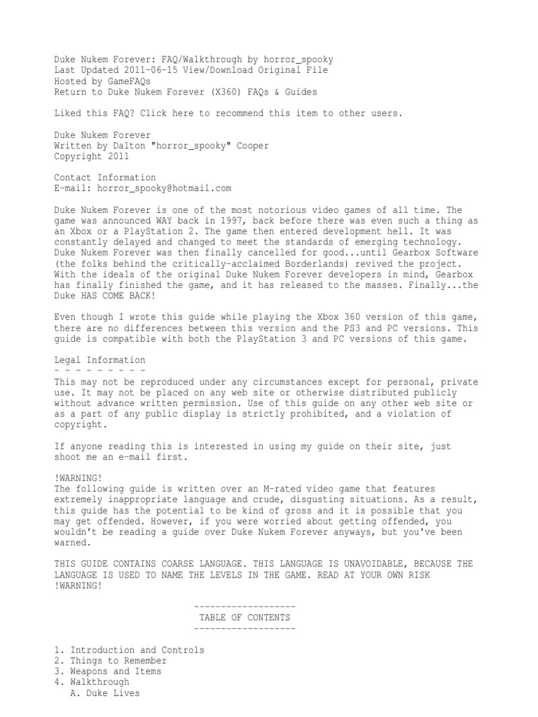 Duke Nukem Forever Walk Through | PDF | Rocket Propelled Grenade | Bomb